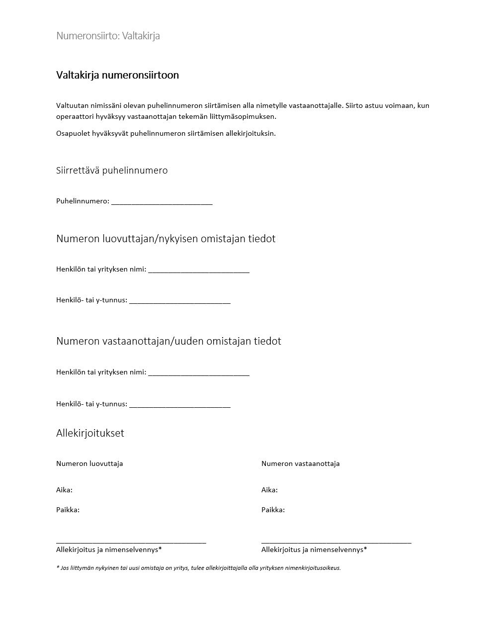 Valtakirja puhelinnumeron siirtoon Word -muodossa - Halvin palvelu omaksi